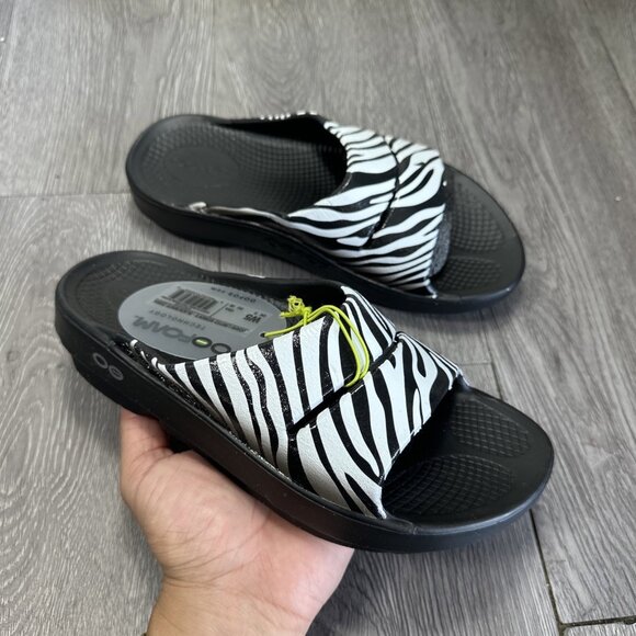 OOFOS | Shoes | Oofos Ooahh Black White Zebra Slip On Comfort Sandals ...